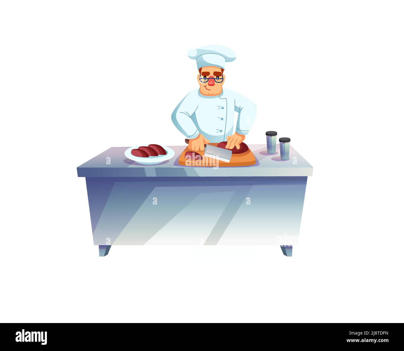 Flat cartoon man character chef cooks meal,cutting meat,professional ...