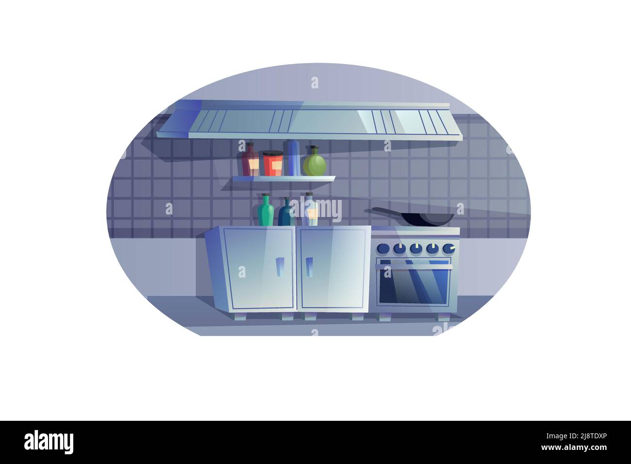Flat cartoon stove with pan,oven,cabinet and exhaust hood,home ...