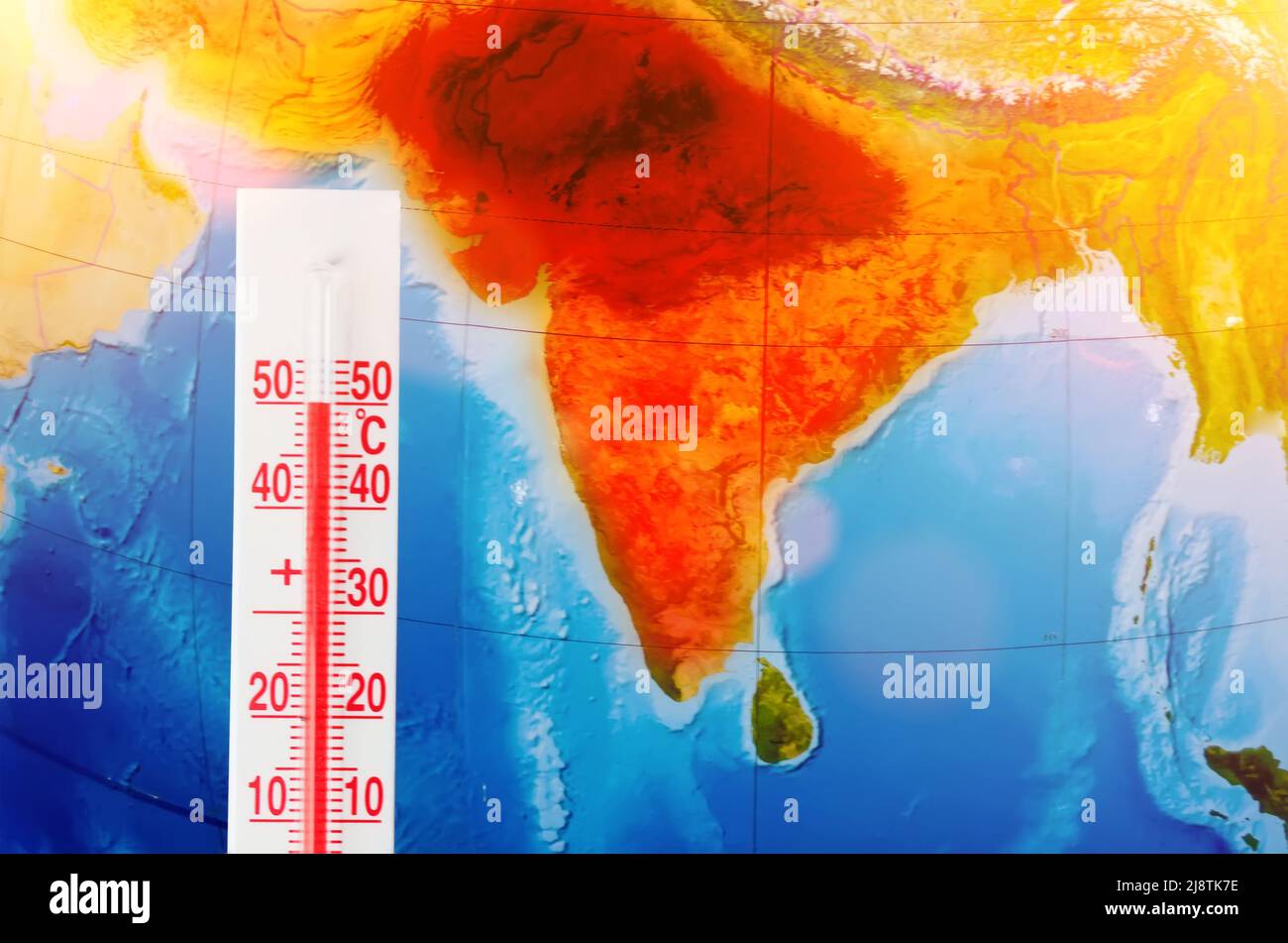 Thermometer with a record high temperature of fifty degrees Celsius ...