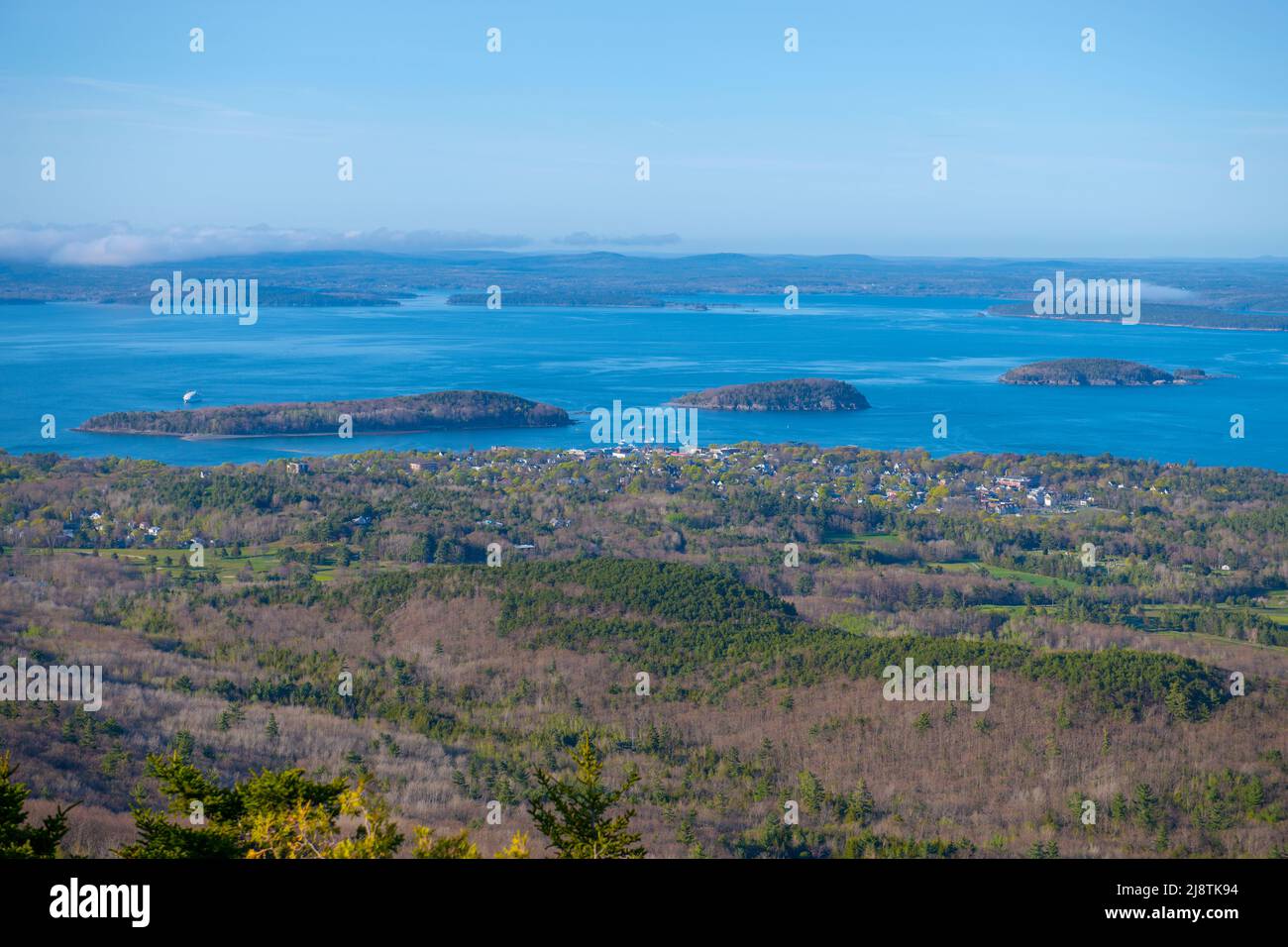 Acadia National Park aerial view including Bar Harbor town, Bar Island ...
