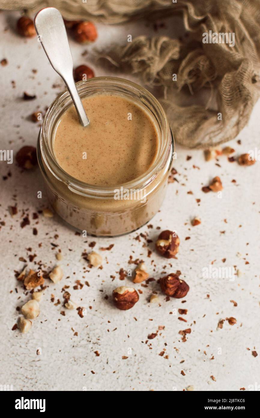 Homemade hazelnut butter in the jar Stock Photo - Alamy