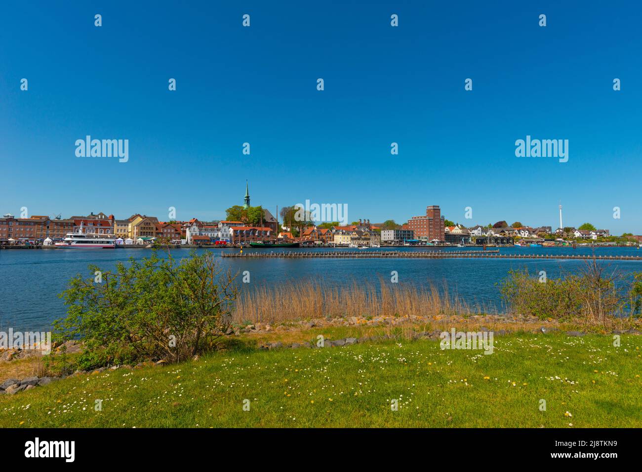 Small town Kappeln on the Schlei Fjord, panoramic view across the Fjord ...
