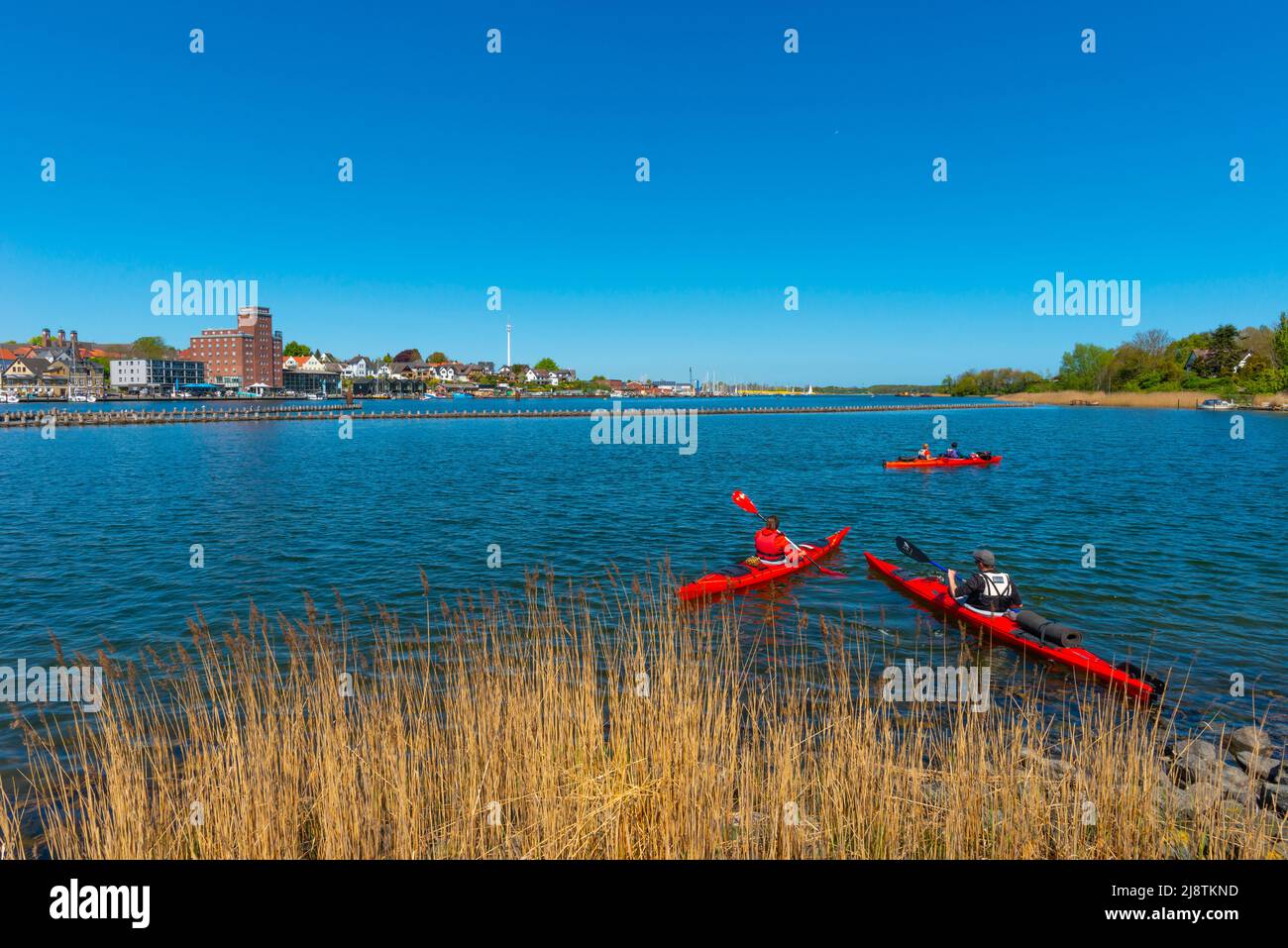 Small town Kappeln on the Schlei Fjord, panoramic view across the Fjord ...