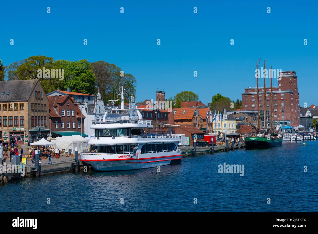 Seaside promenade at habor, small town Kappeln on the Schlei Fjord ...