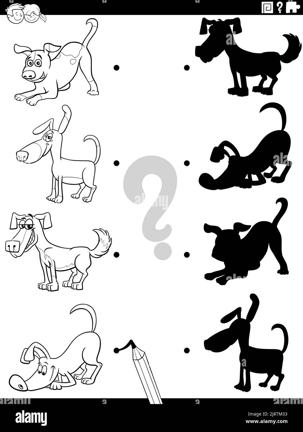 Black and white cartoon illustration of match the right shadows with ...