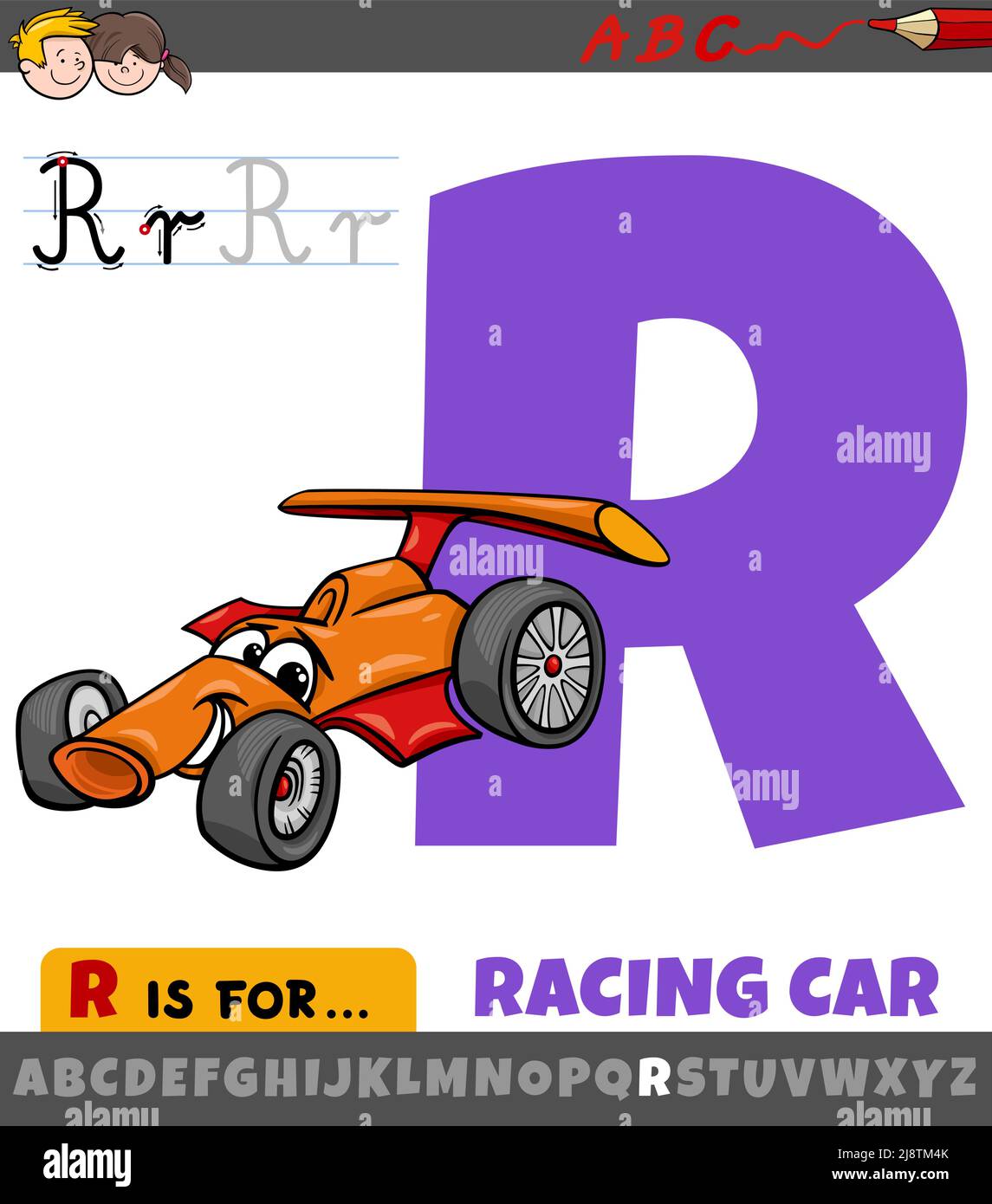 Educational cartoon illustration of letter R from alphabet with racing ...