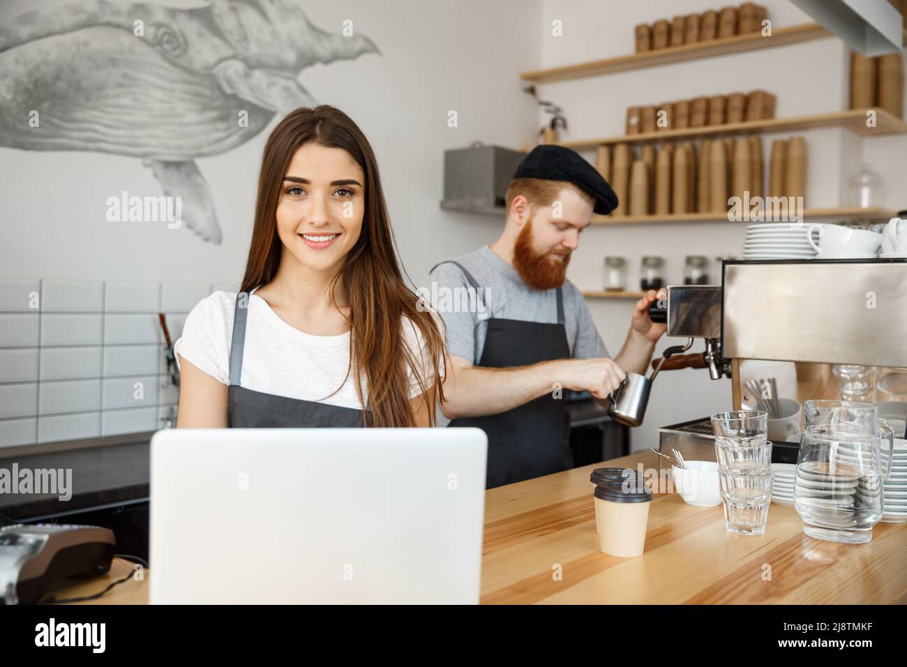 Coffee Business Concept - beautiful caucasian bartender barista or ...