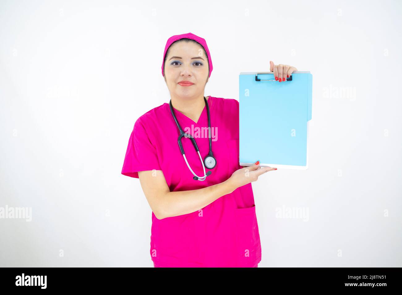 beautiful woman medical assistant, wearing uniform and pink surgical ...