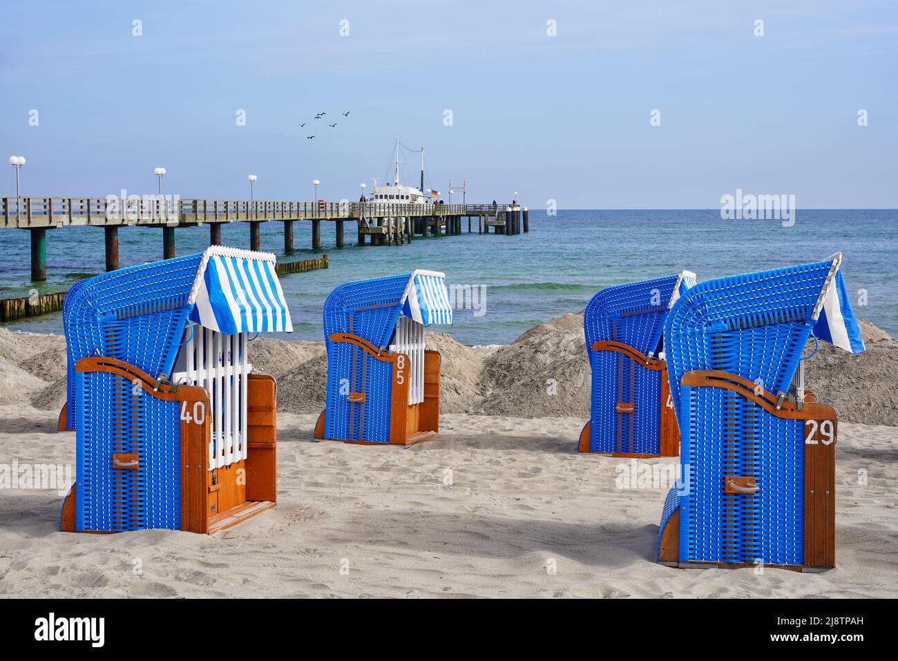 Beach chairs on the Baltic Sea beach in seaside resort town ...