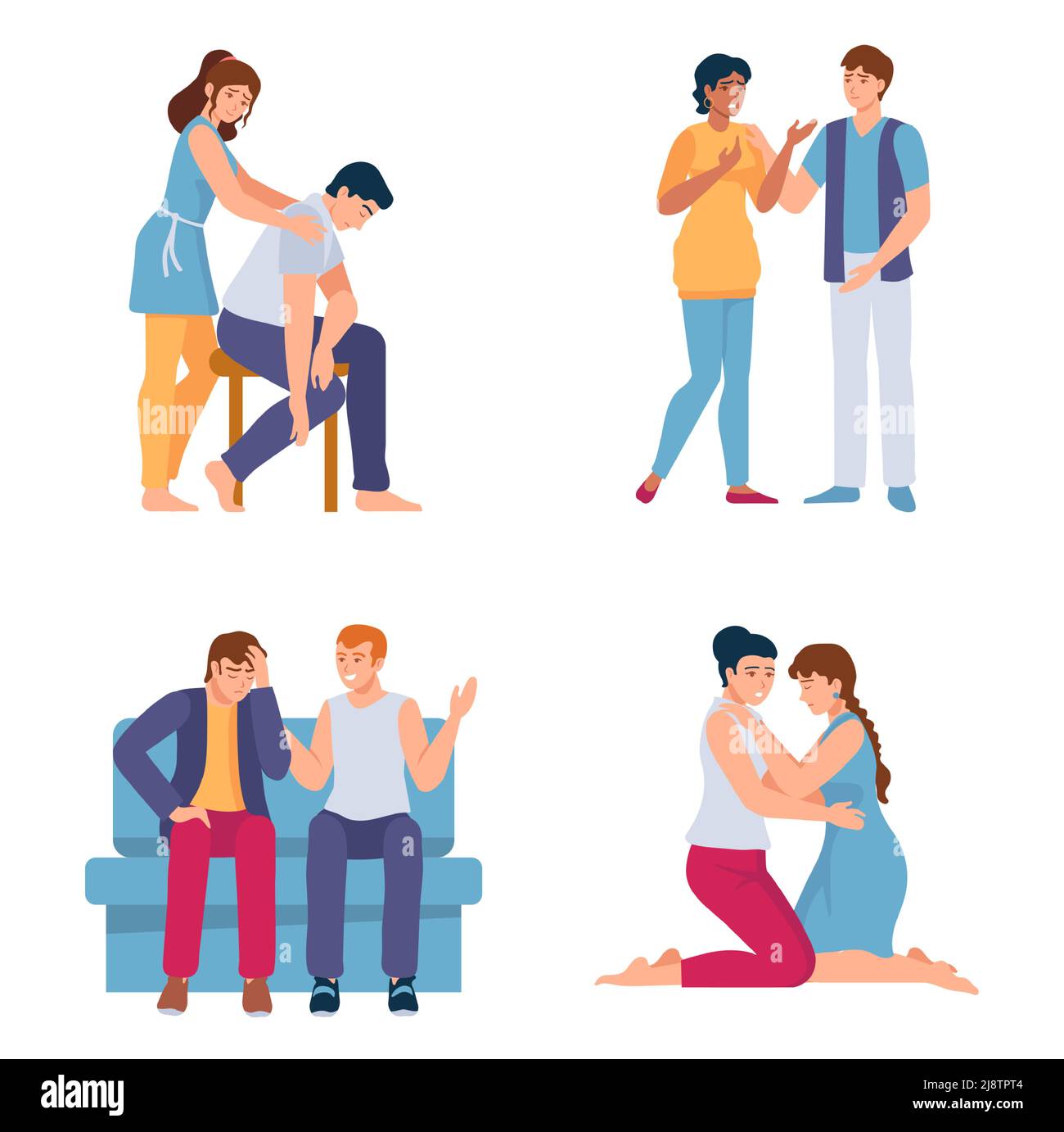 Friends comforting. People supporting depressed and unhappy female and male characters showing ...