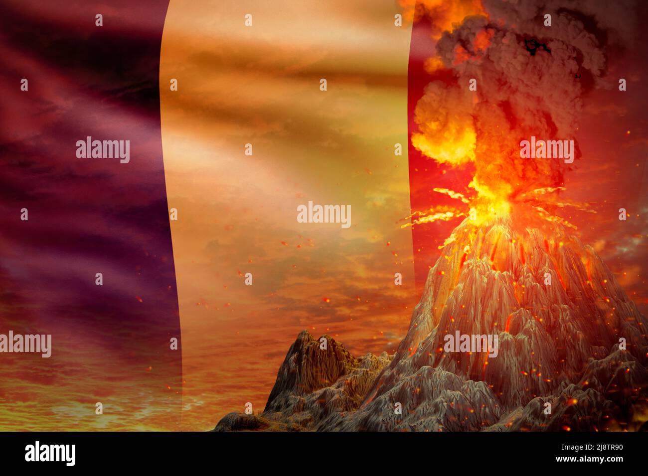 big volcano blast eruption at night with explosion on Romania flag ...