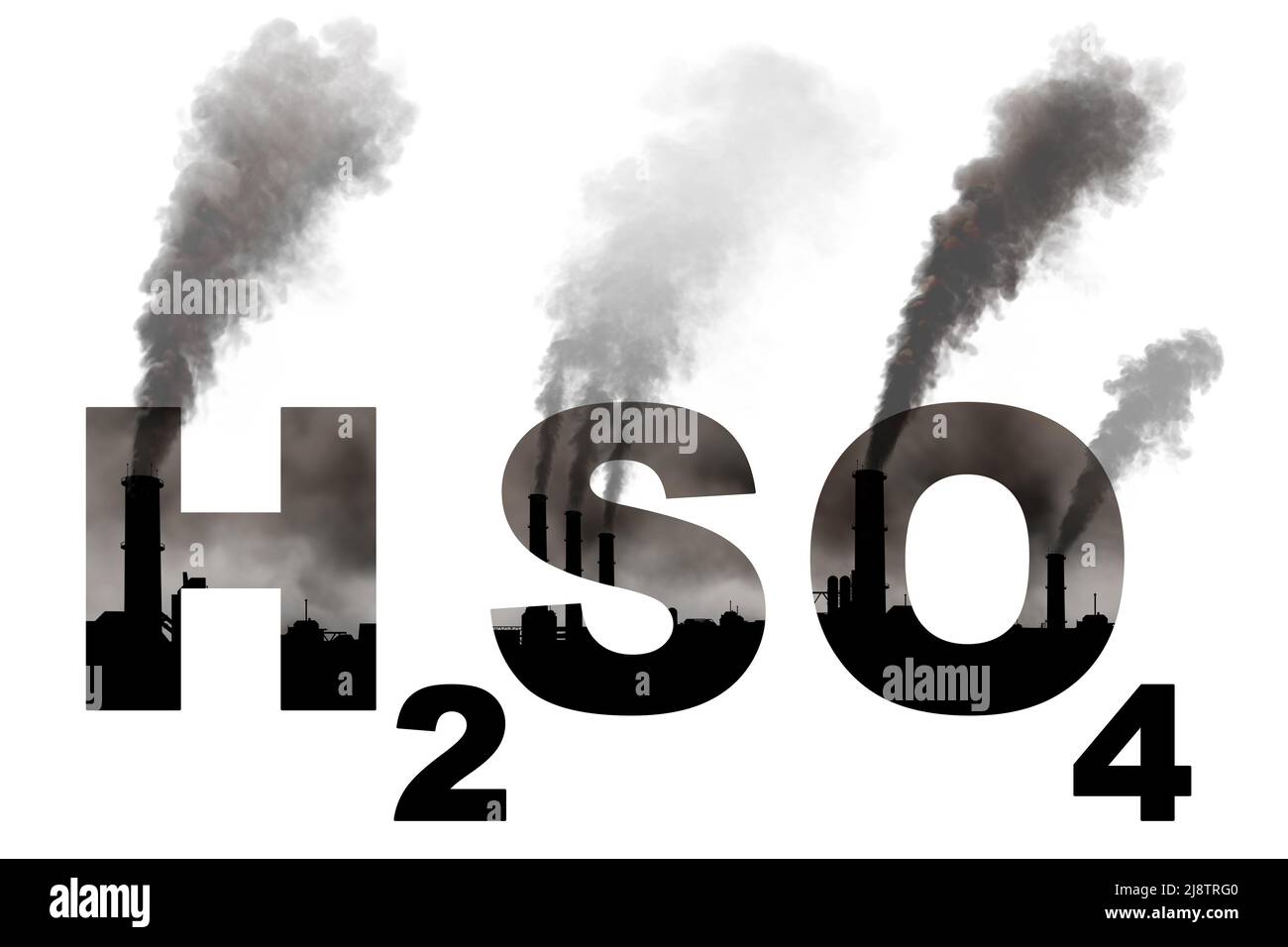 H2SO4 text, factory huge chimneys - pollution concept on white bg ...
