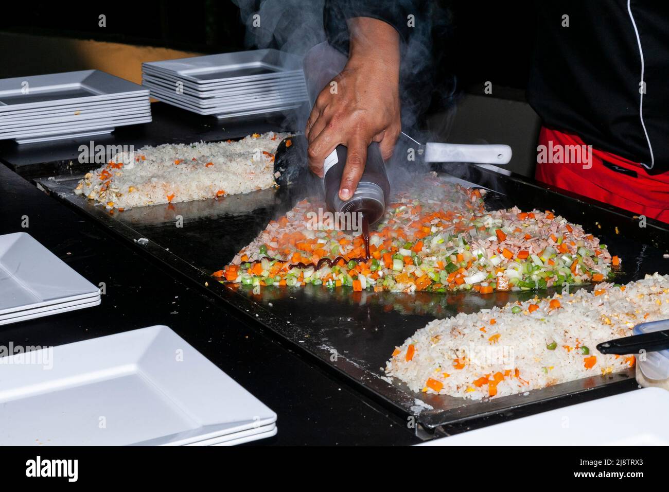 Chef Hands Cooking Food On Griddle; Rice with Vegetables Stock Photo ...