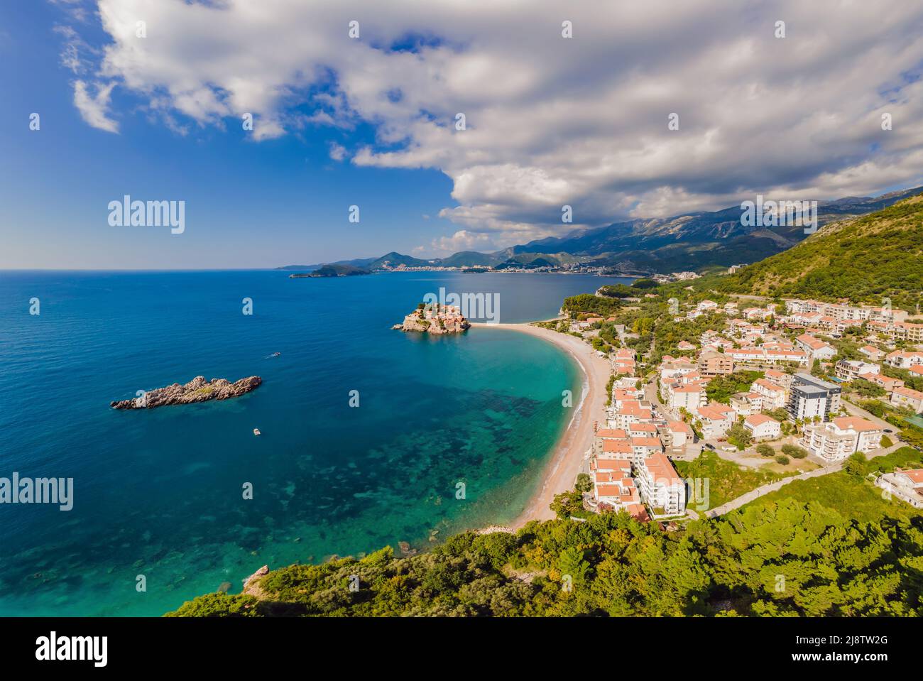 Aerophotography. View from flying drone. Panoramic view of Sveti Stefan ...