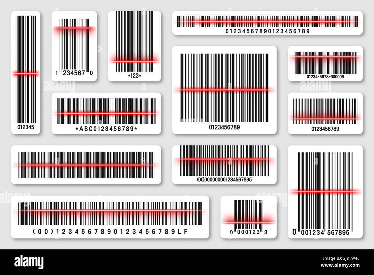 Set of product barcodes with red scanning line. Identification tracking ...