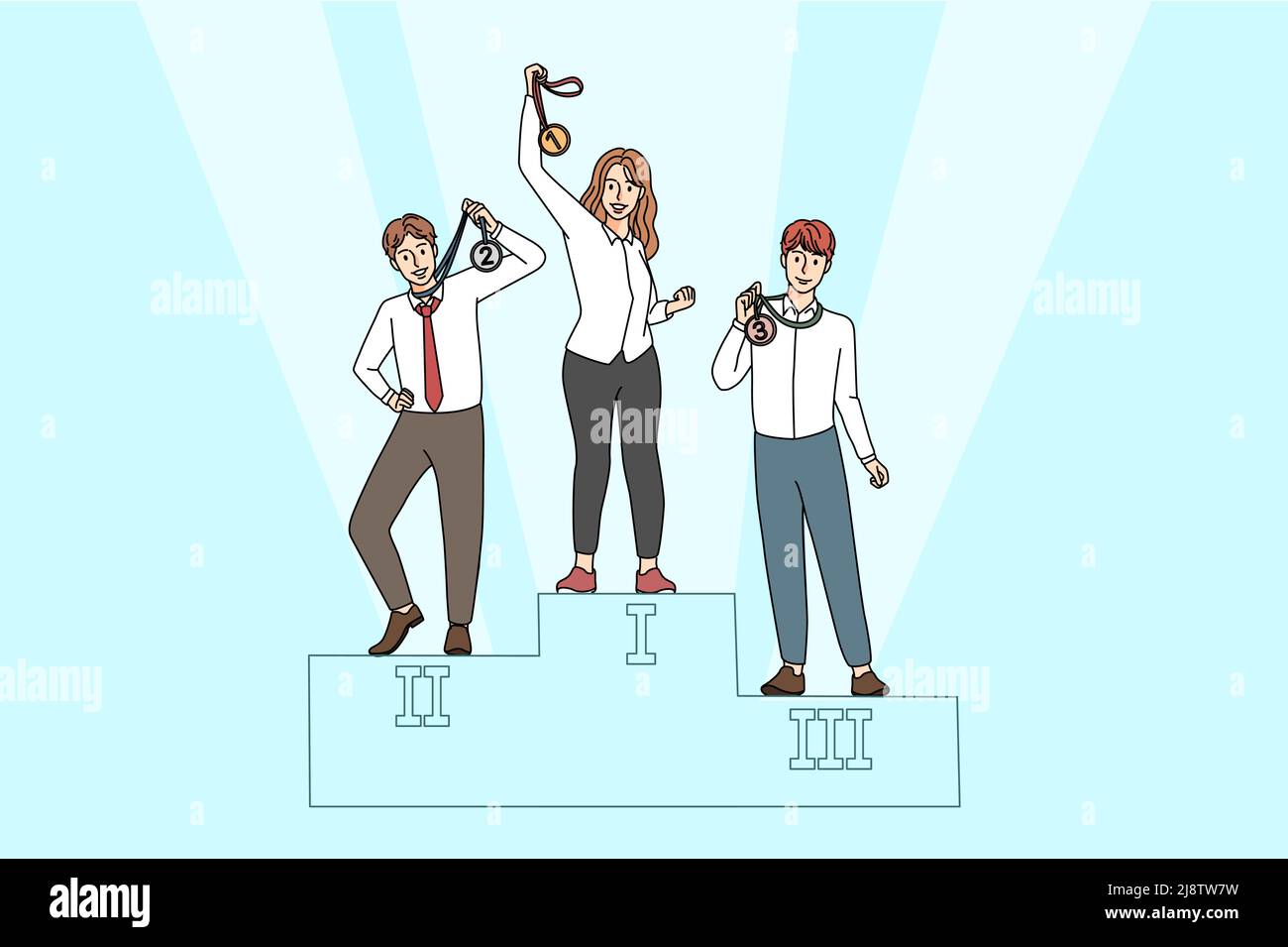 Smiling confident businesswoman show medal stand on pedestal ...