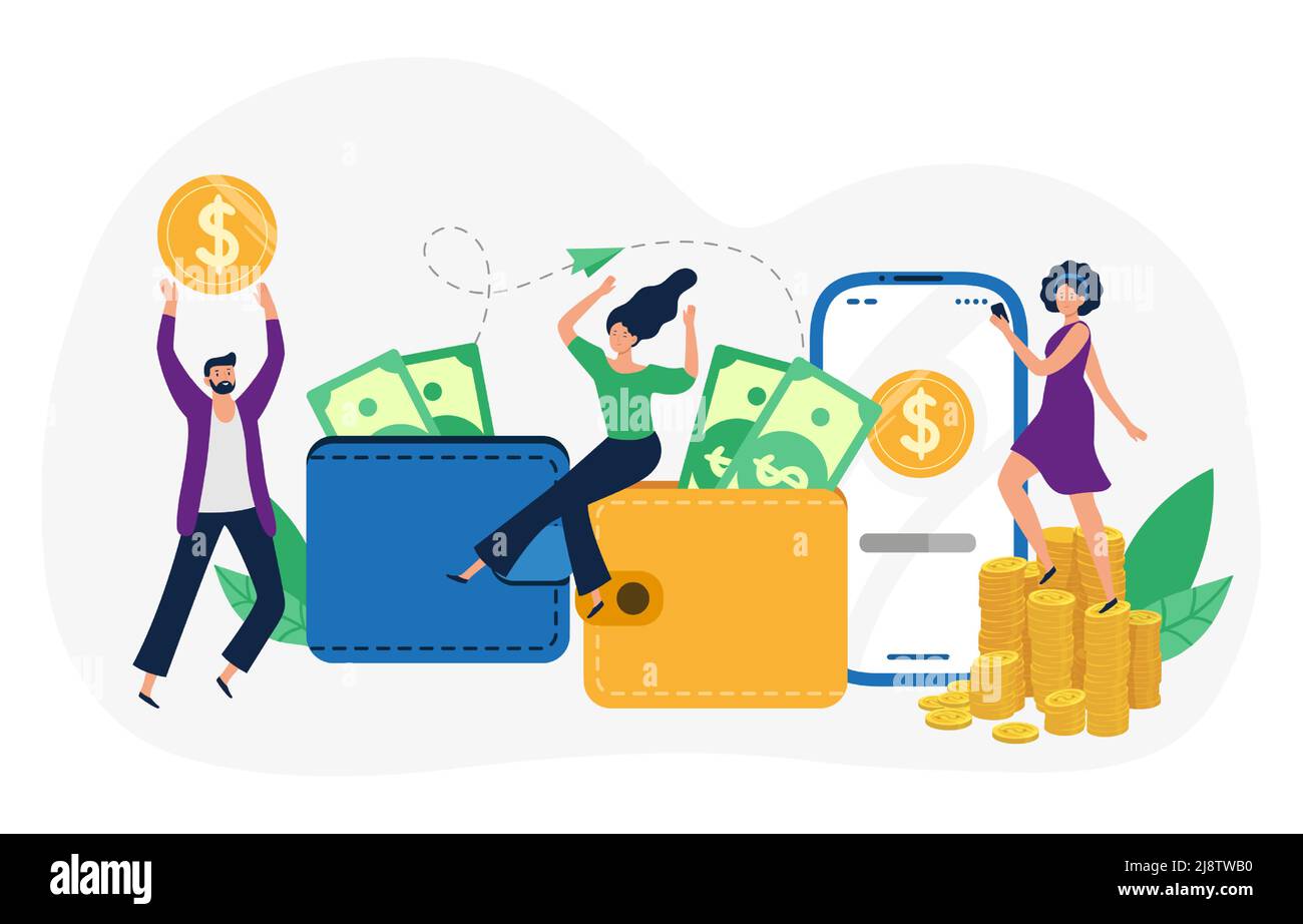 Money transfers. People sitting on wallet with dollar banknotes, woman ...