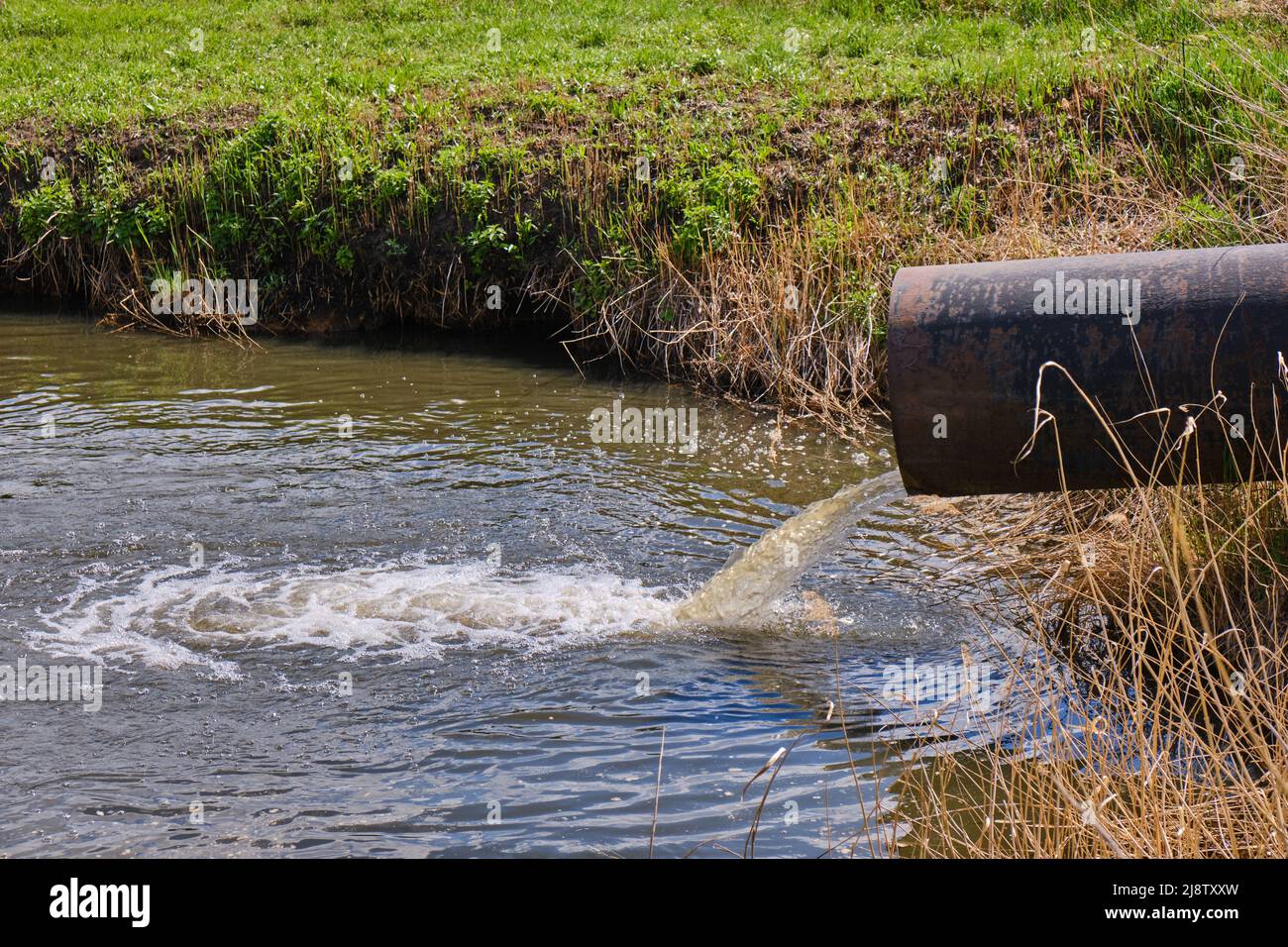Draining sewage from pipe into river, pollution rivers and ecology ...