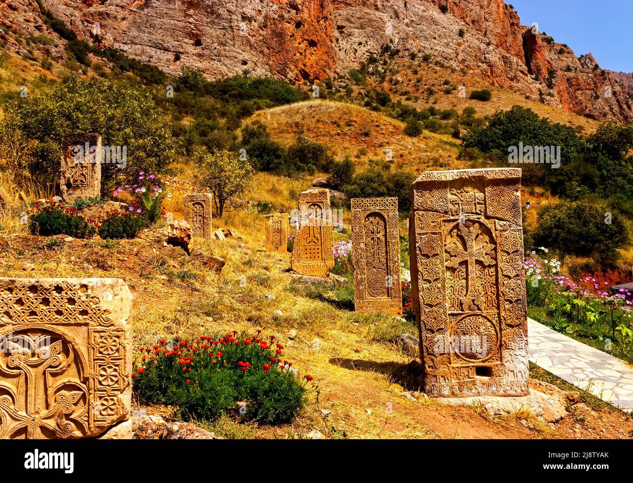 Ancient khachkars of the ancient monastery Noravank,Armenia. The oldest ...