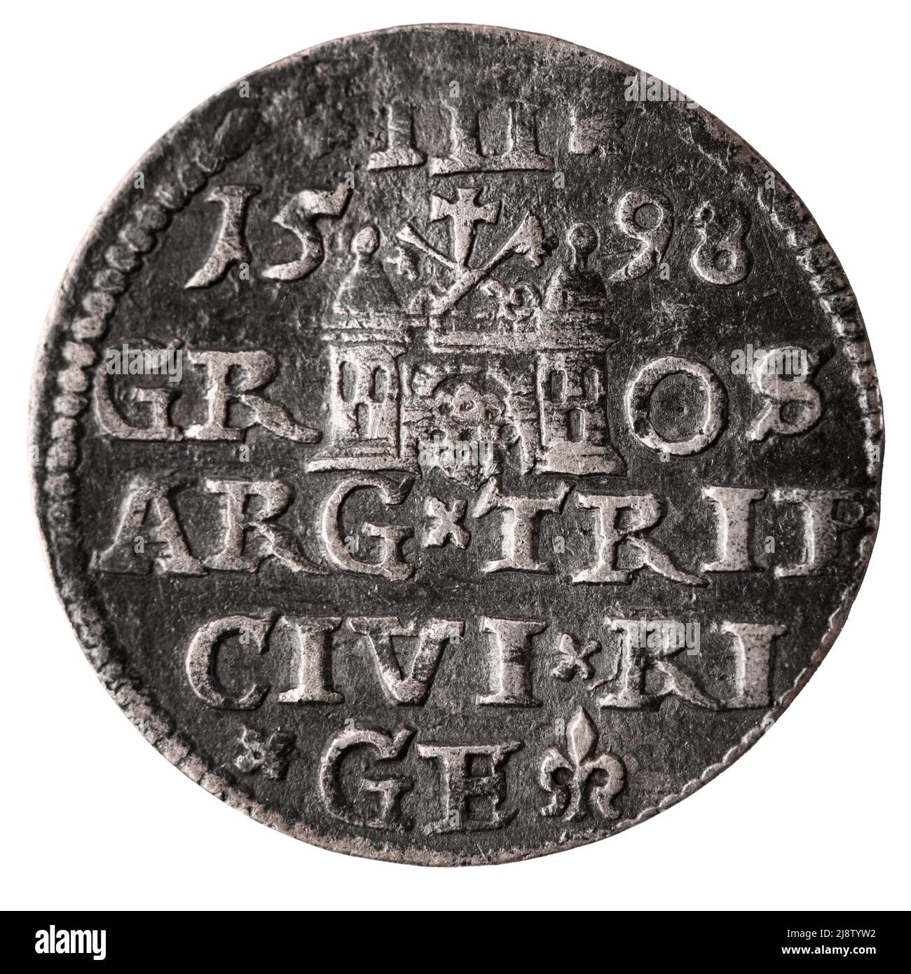 Single old silver coin 16th century isolated on white background ...