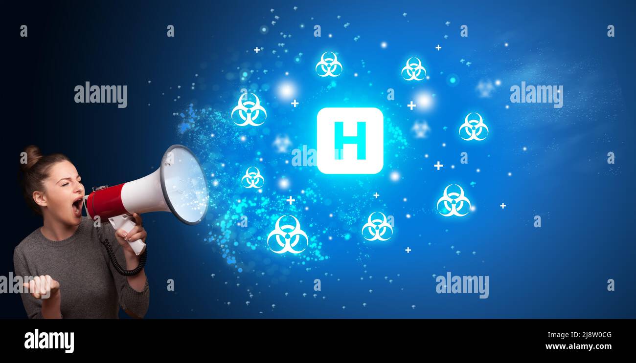 Young person with megaphone and healthcare icon Stock Photo - Alamy