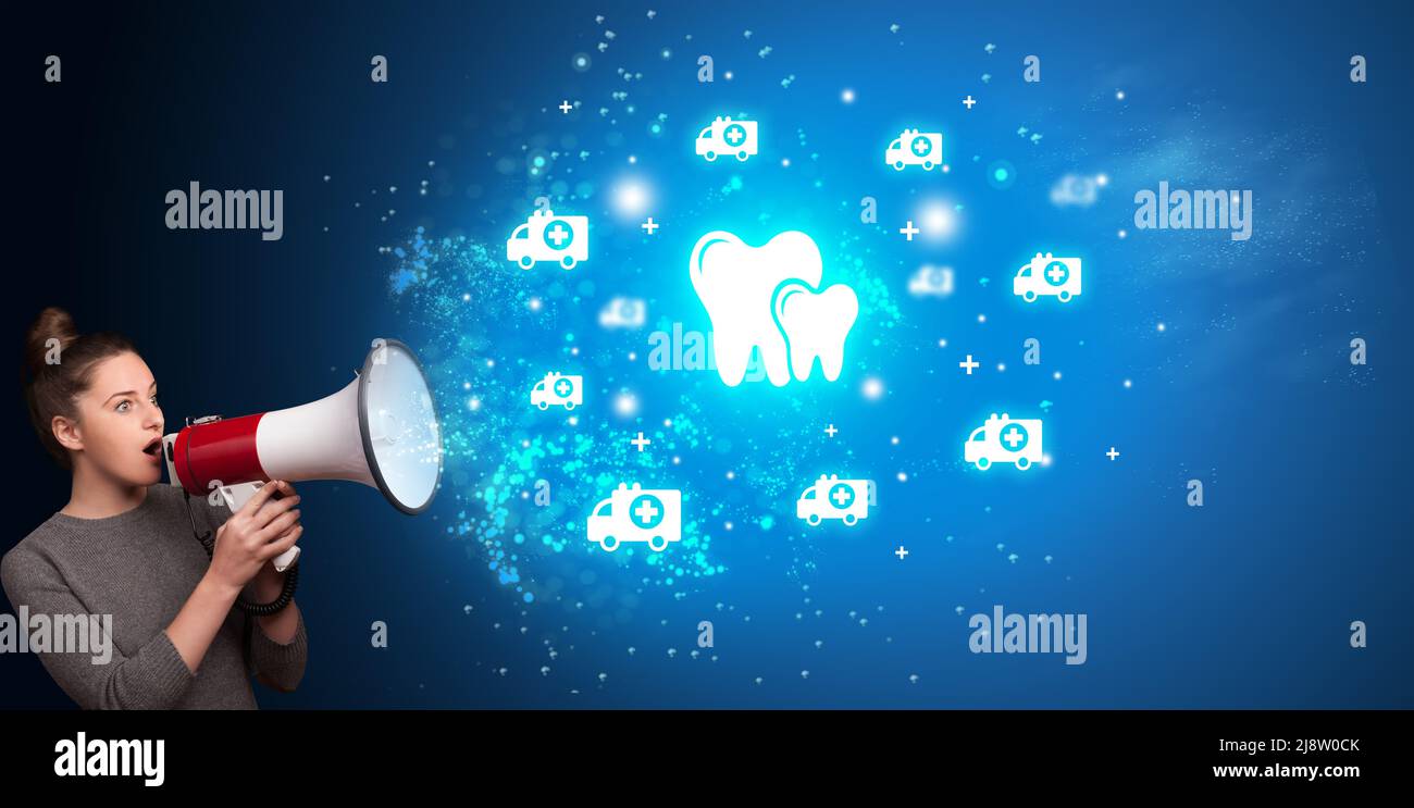 Young person with megaphone and healthcare icon Stock Photo - Alamy