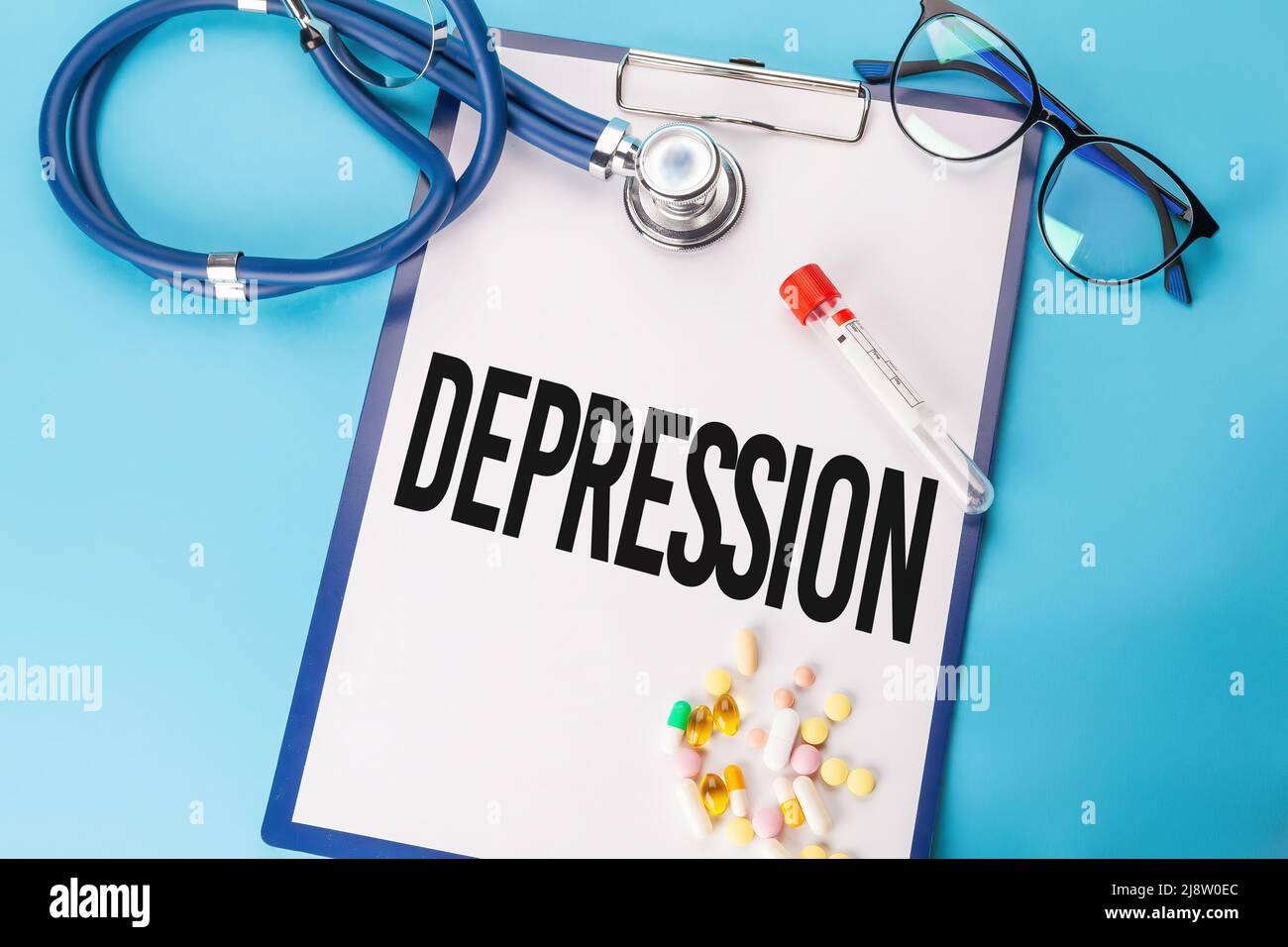 Medical form, diagnosis depression. Medicine and health concept. Tablet ...