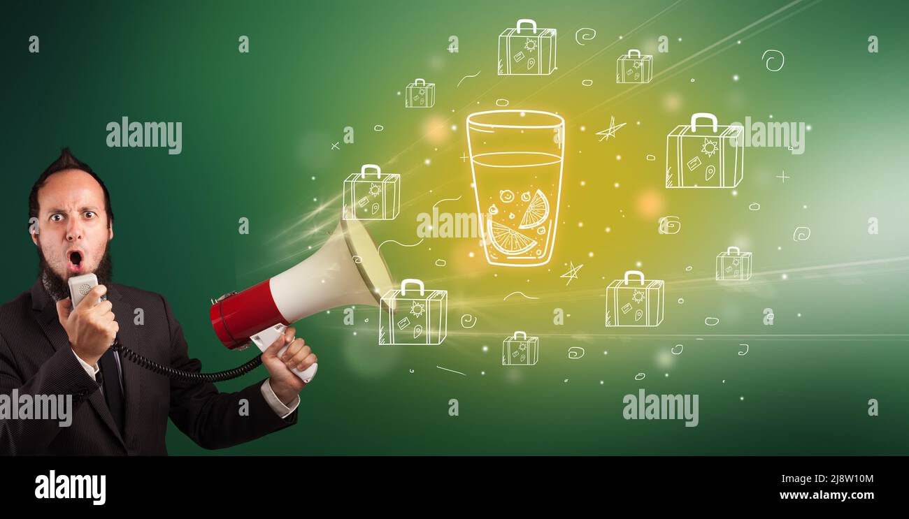 Young person with megaphone and healthy food icon Stock Photo - Alamy