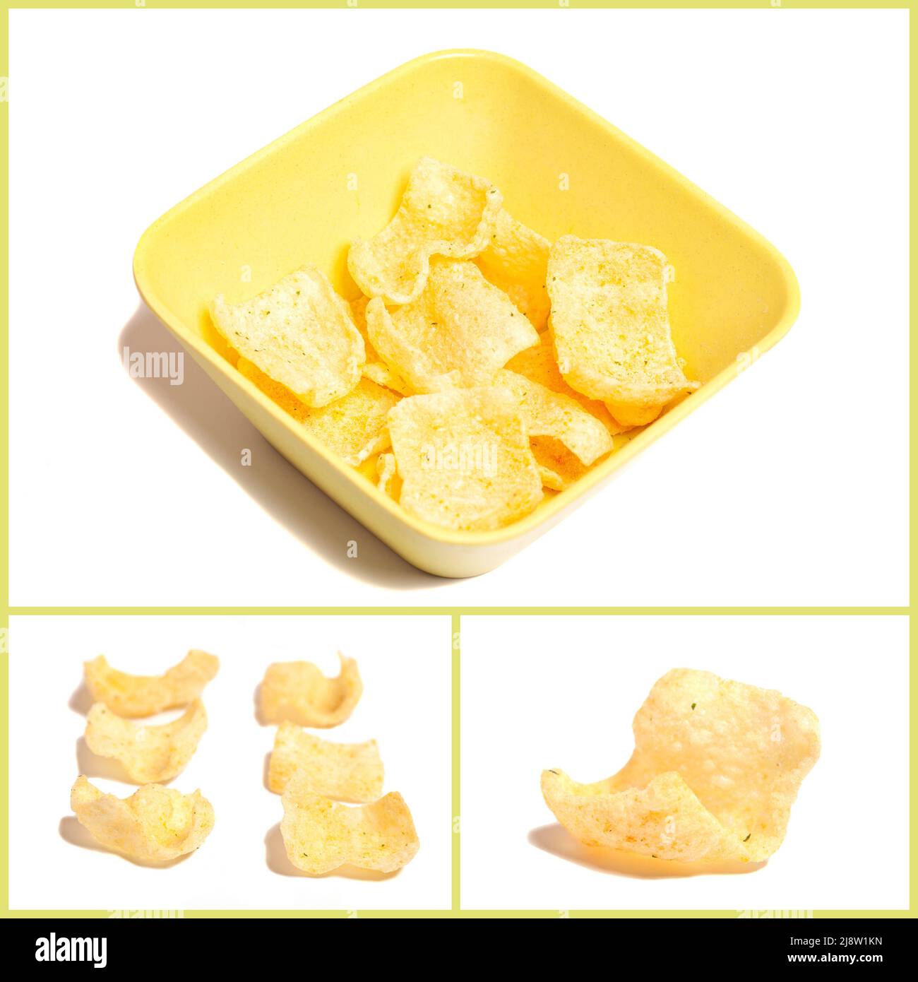 Collage with potato chips isolated on white background Stock Photo - Alamy