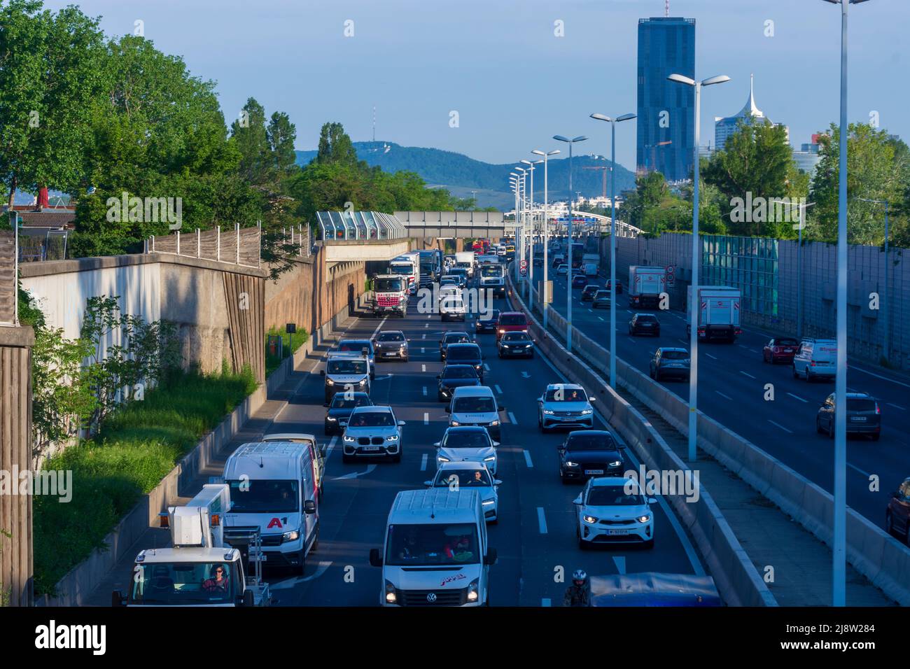 Wien, Vienna: traffic jam on freeway A22 Donauuferautobahn, DC Tower 1 ...