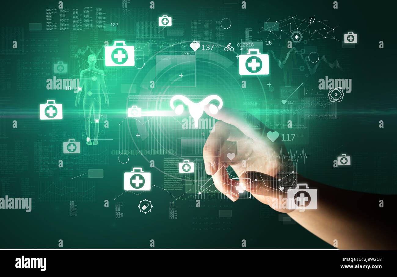 Doctor hand pressing futuristic health device with medical symbol on ...