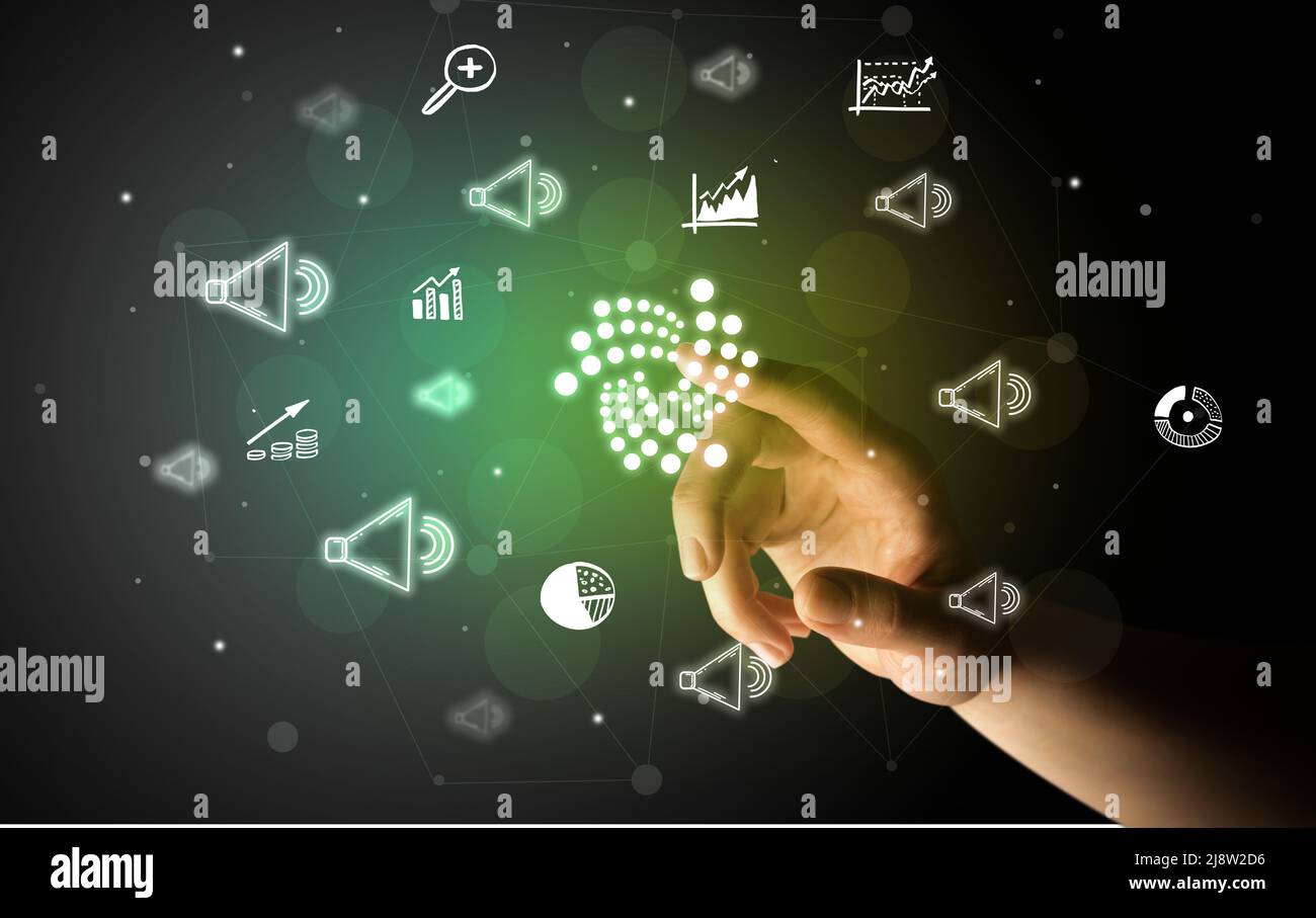 Businessman finger touching on screen multimedia interface with hand ...