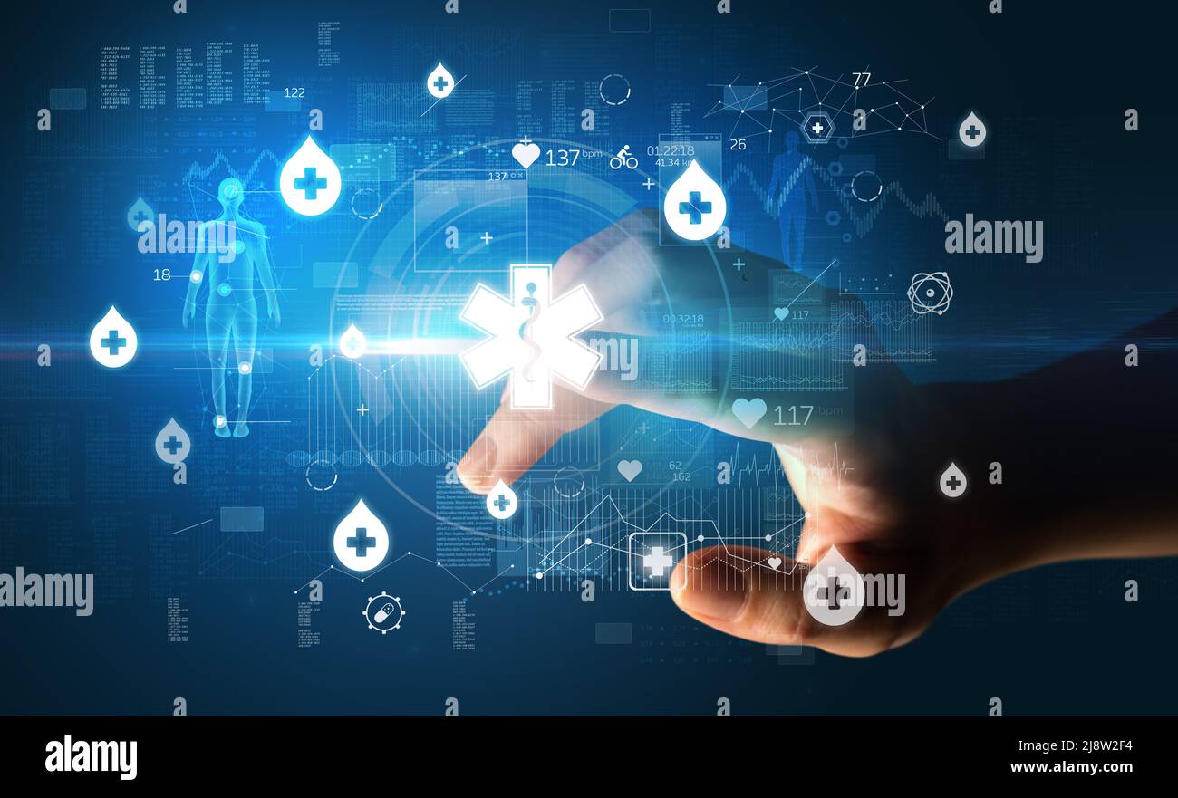 Doctor hand pressing futuristic health device with medical symbol on ...