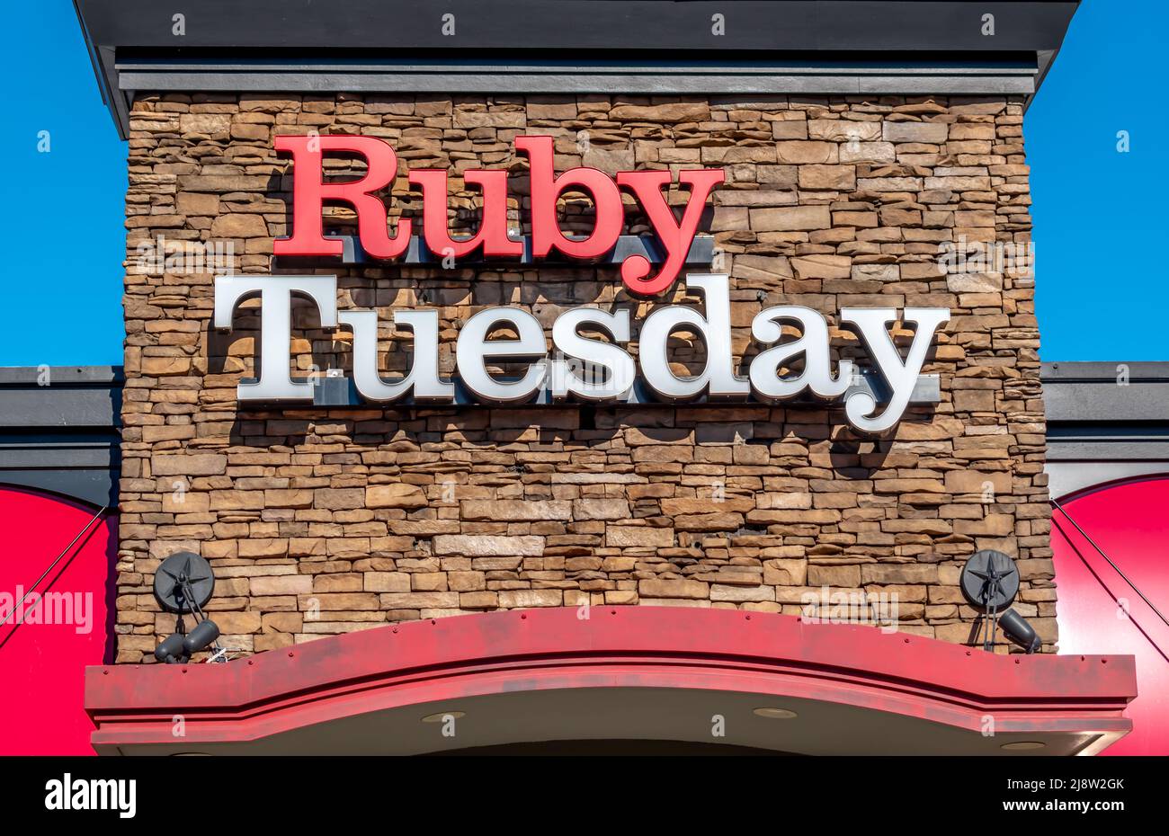 Exterior "Ruby Tuesday" facade brand and logo outdoor signage in bold ...