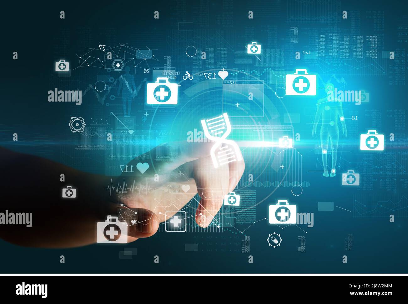 Doctor hand pressing futuristic health device with medical symbol on screen Stock Photo - Alamy