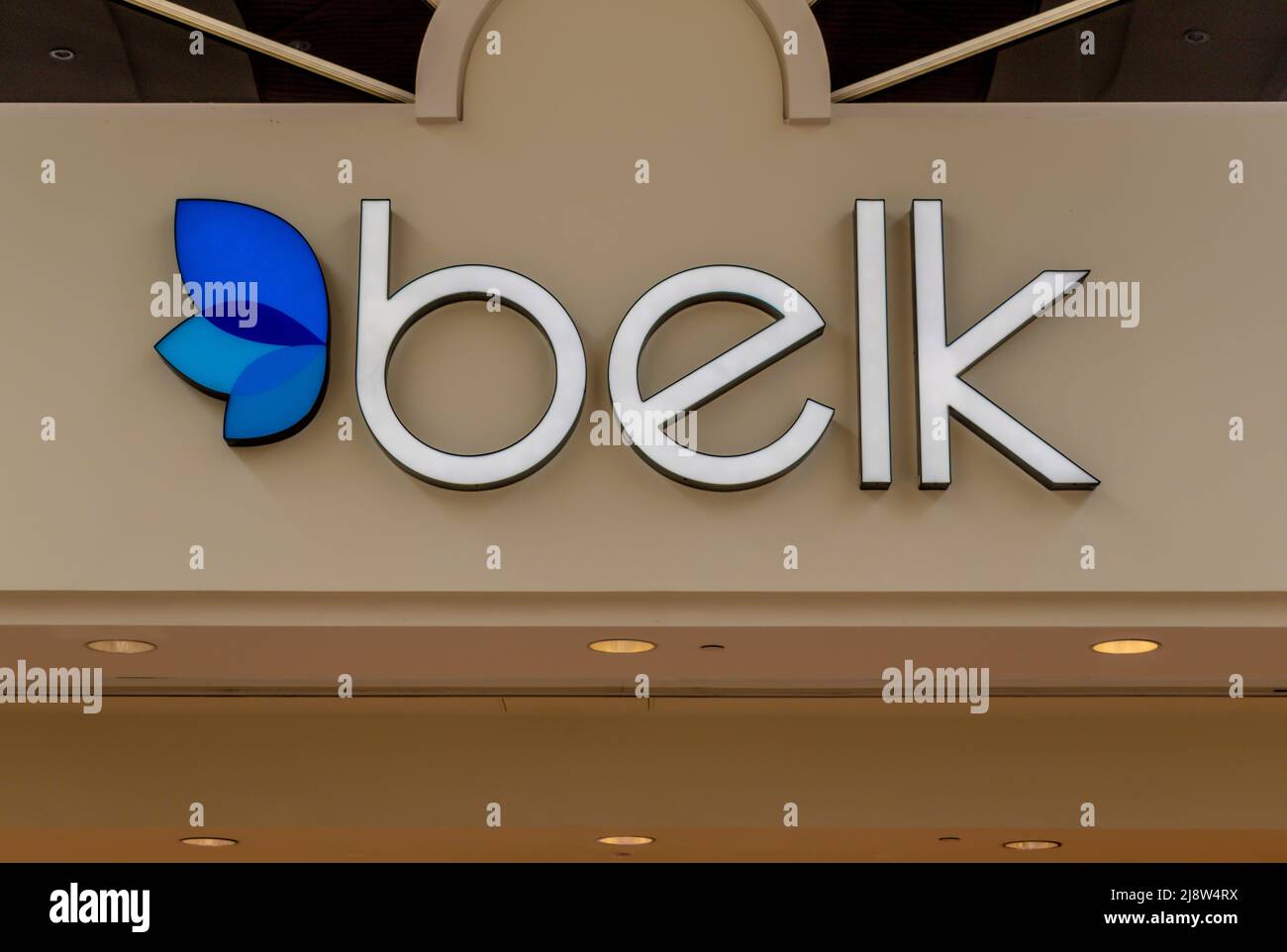 Interior mall "Belk" department store facade brand and logo signage ...