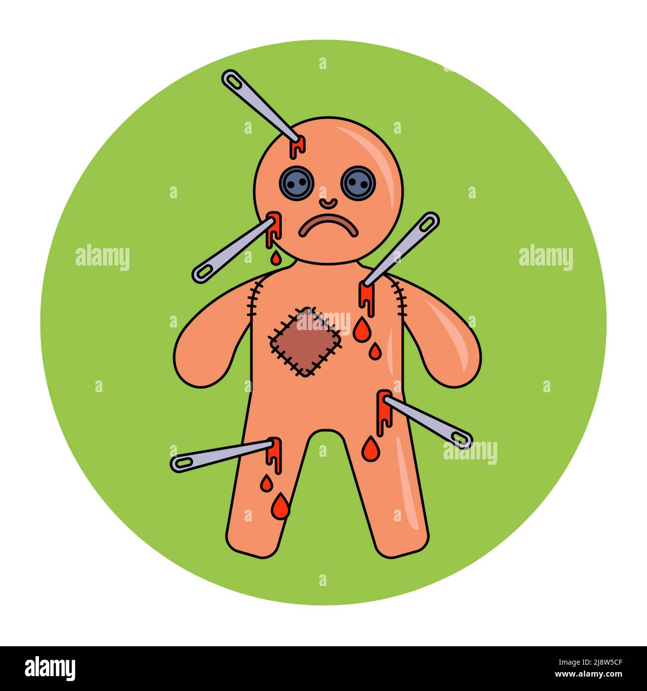 stick needles into a voodoo doll. perform a magic rite. flat vector ...