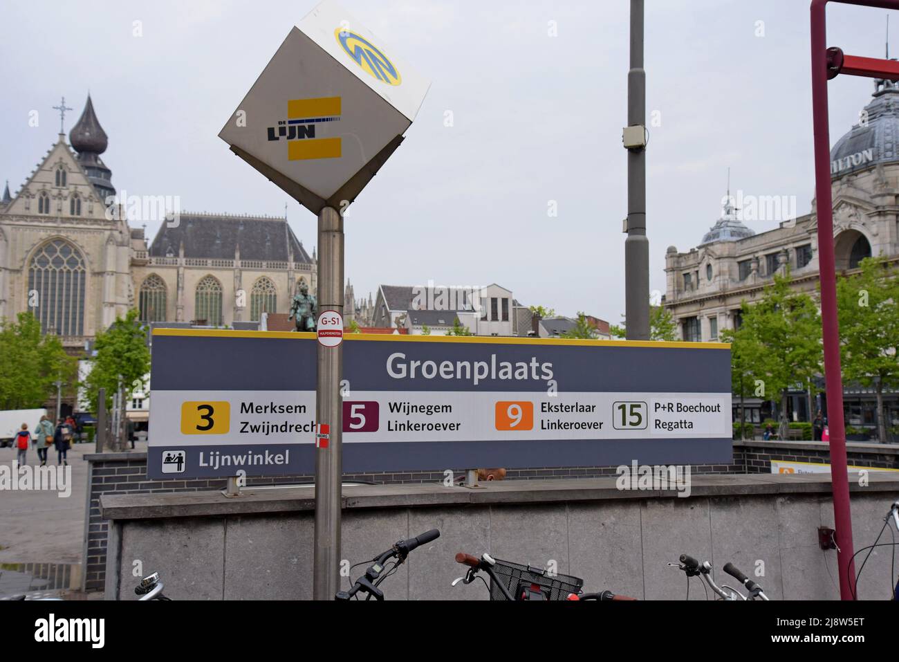 Station entrance for Groenplaats Pre metro station, part of the Antwerp tram network operated by ...