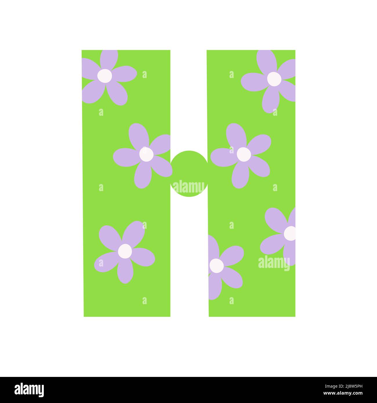 Capital bright green decorated with spring flowers hand drawn letter H ...