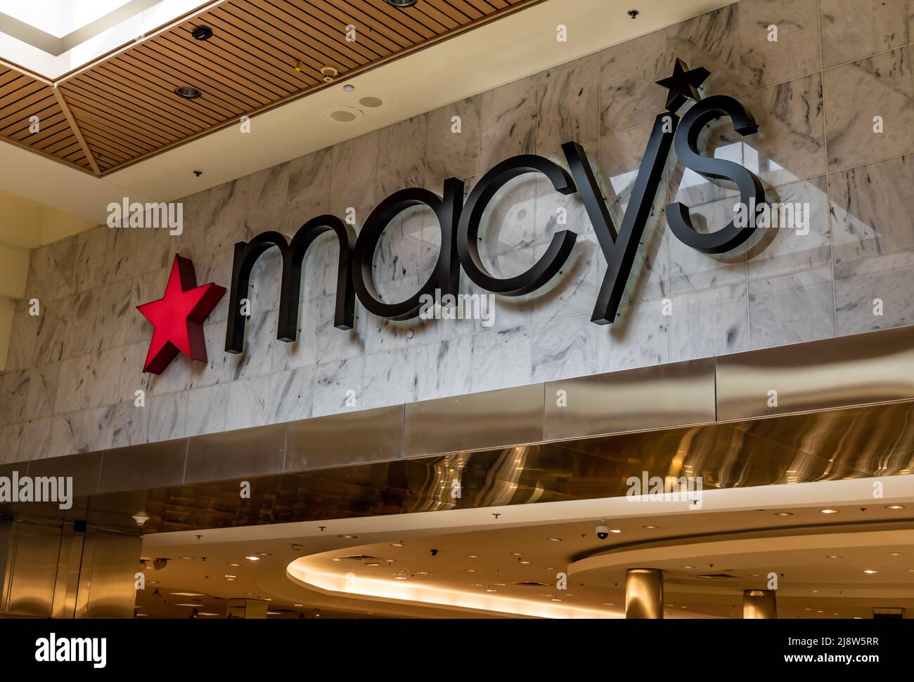 Horizontal, closeup of interior mall "Macy's" department store's facade ...