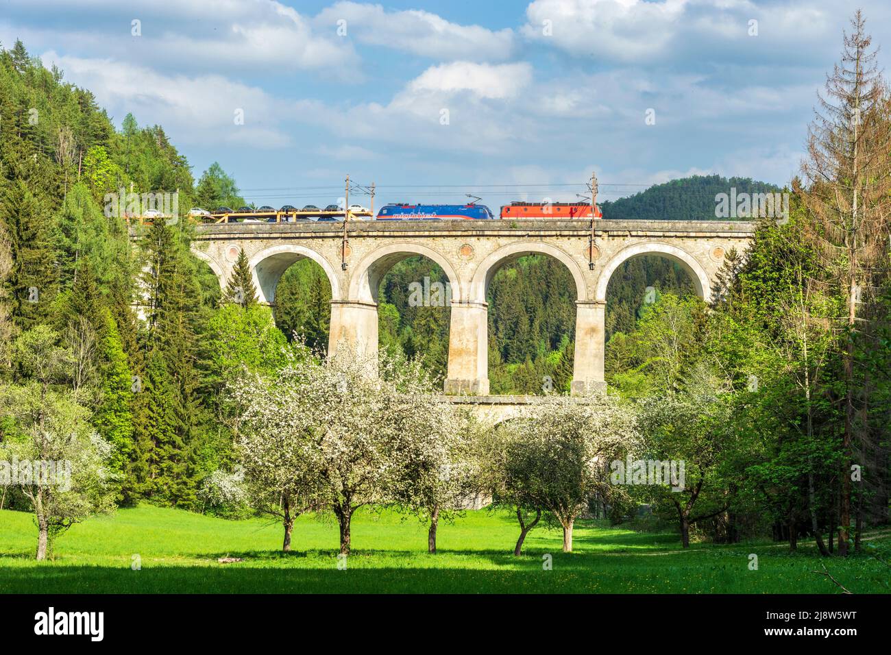Breitenstein: Semmeringbahn (Semmering Railway), viaduct Kalte-Rinne-Viadukt, blossoming trees ...