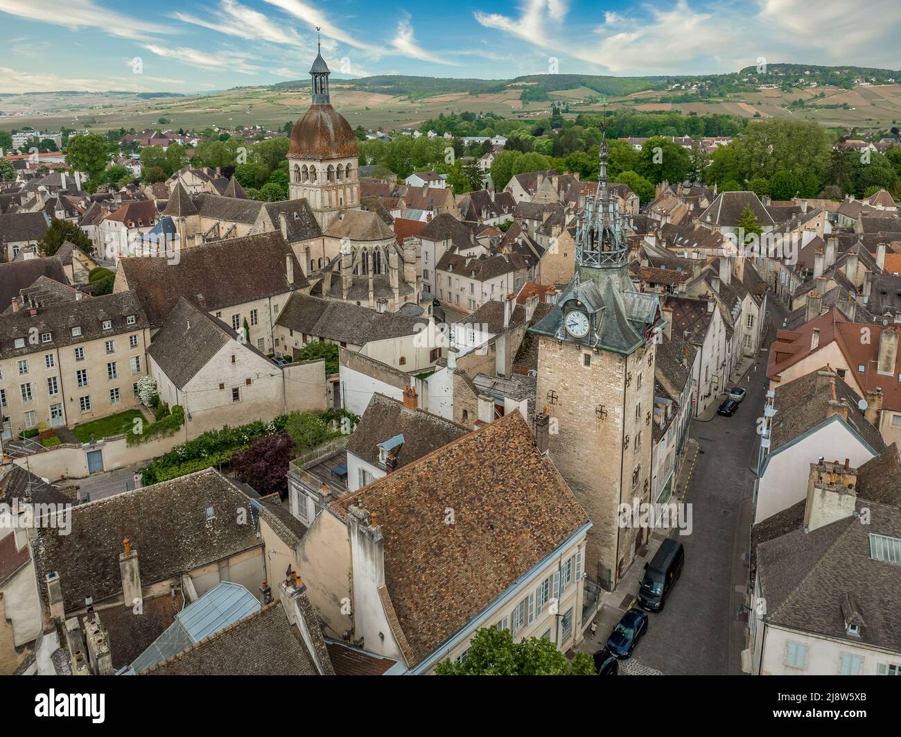 Aerial view of Beaune walled old town center, wine capital of Burgundy ...