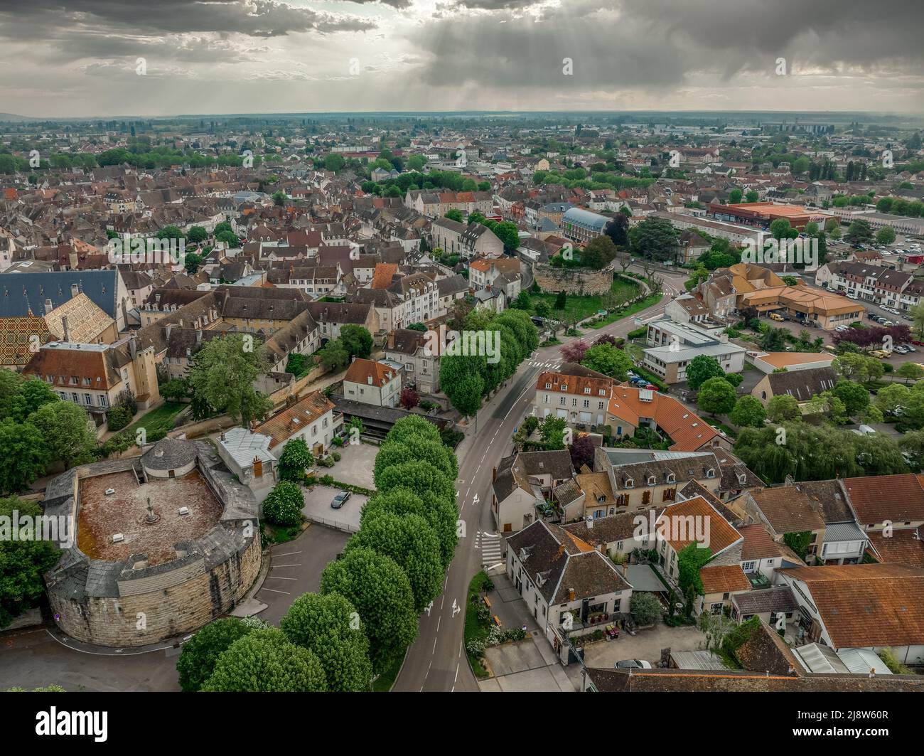Aerial view of Beaune walled old town center, wine capital of Burgundy ...