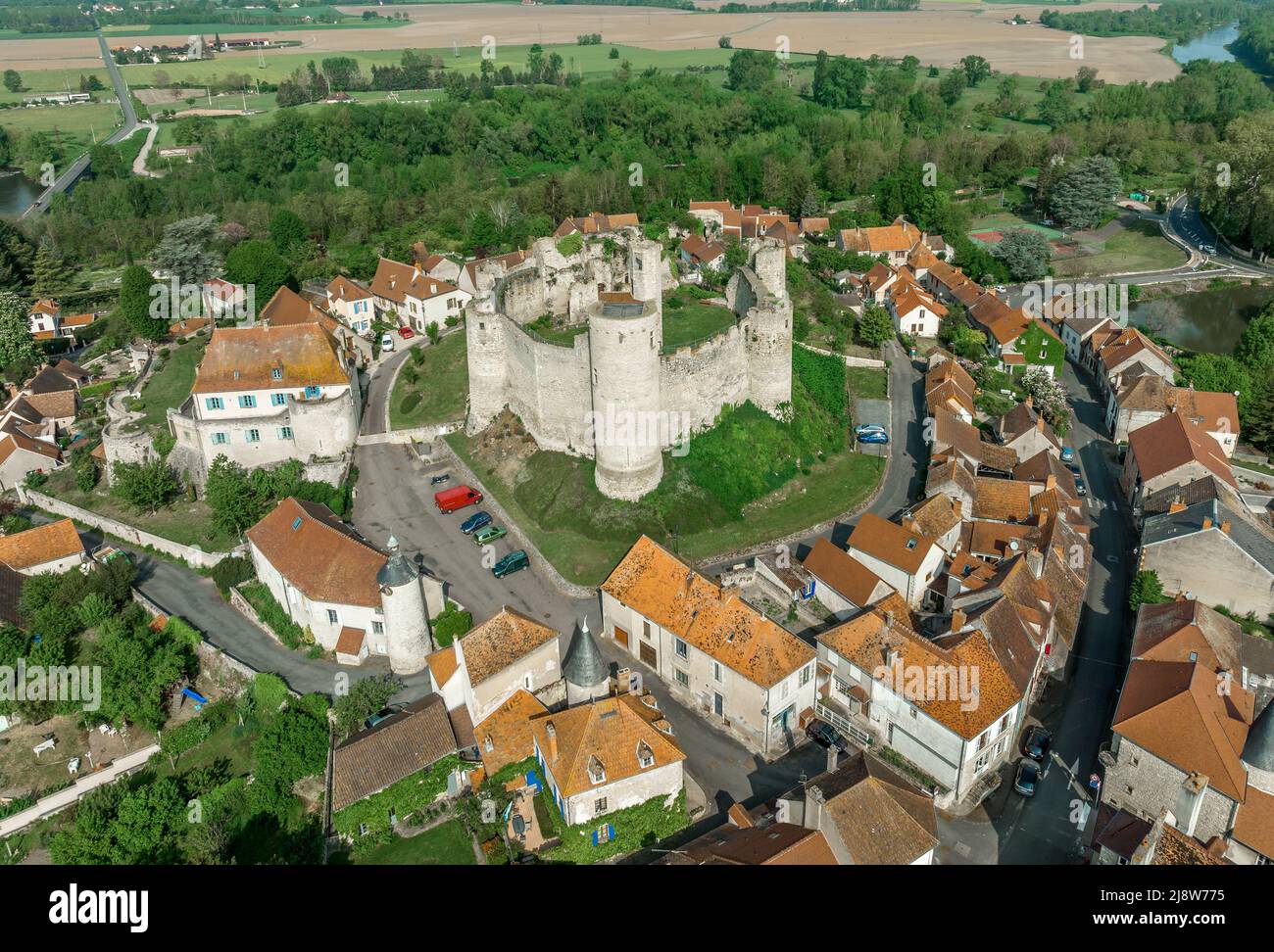 Aerial ground plan top down view of Billy castle in Central France with ...