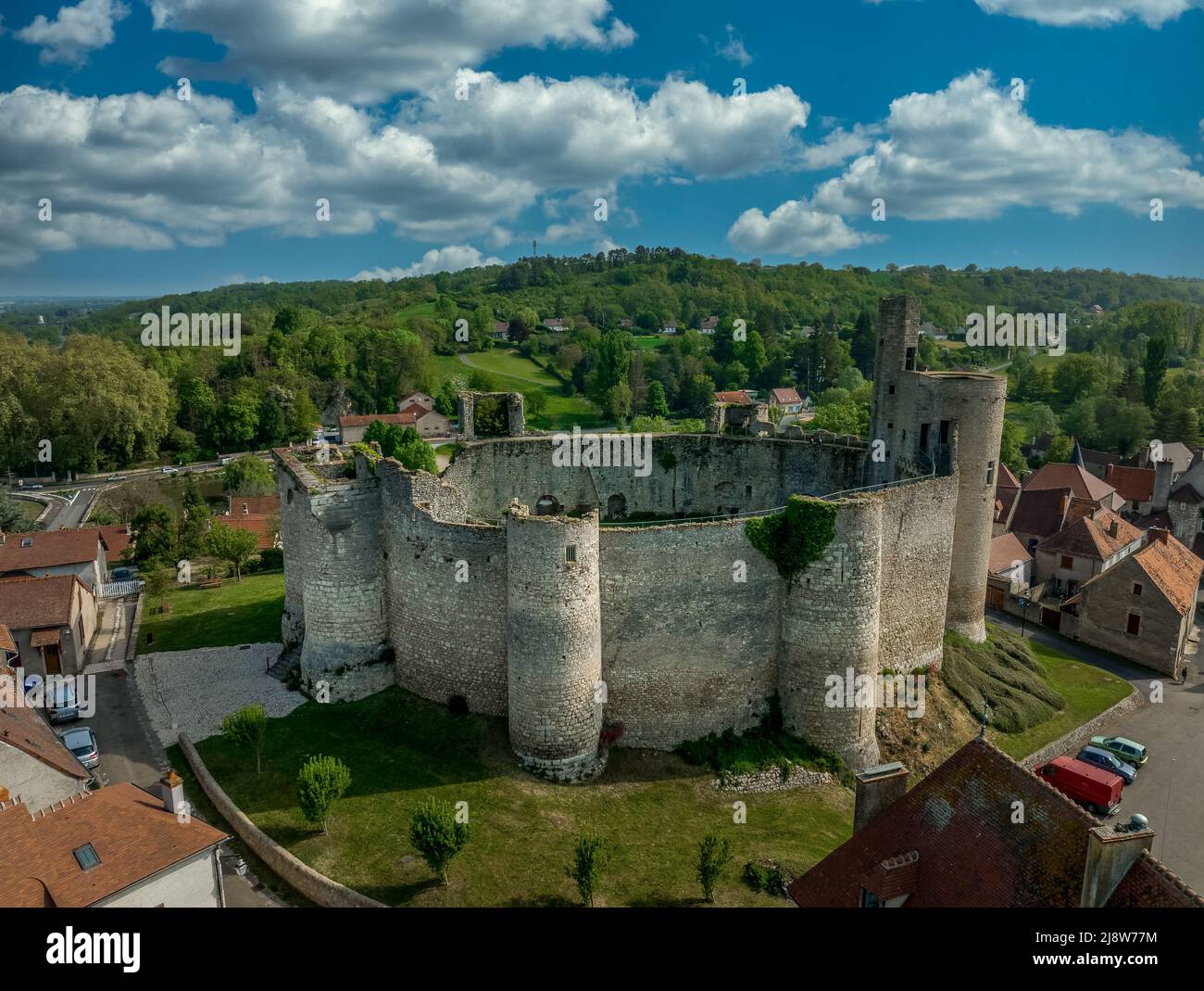 Aerial ground plan top down view of Billy castle in Central France with ...