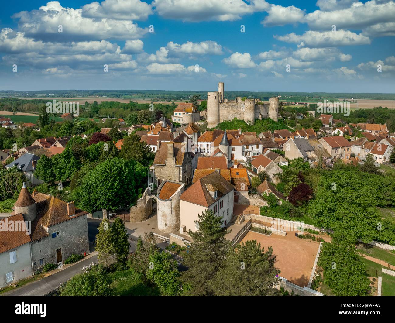Aerial ground plan top down view of Billy castle in Central France with ...
