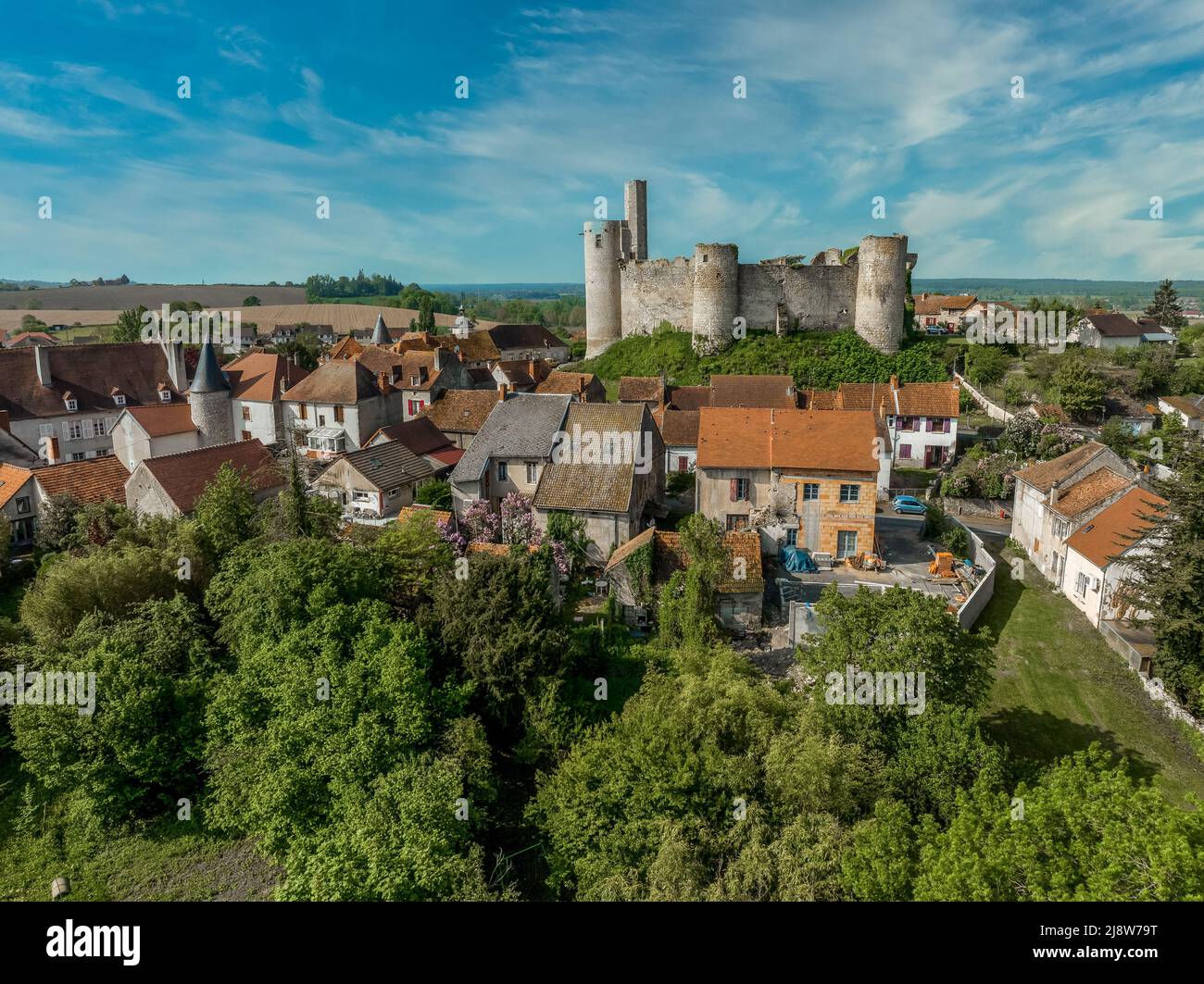 Aerial ground plan top down view of Billy castle in Central France with ...
