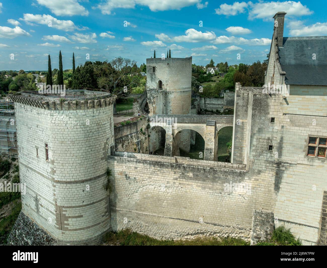 Aerial view of the royal lodgings in the middle castle of Chinon with ...