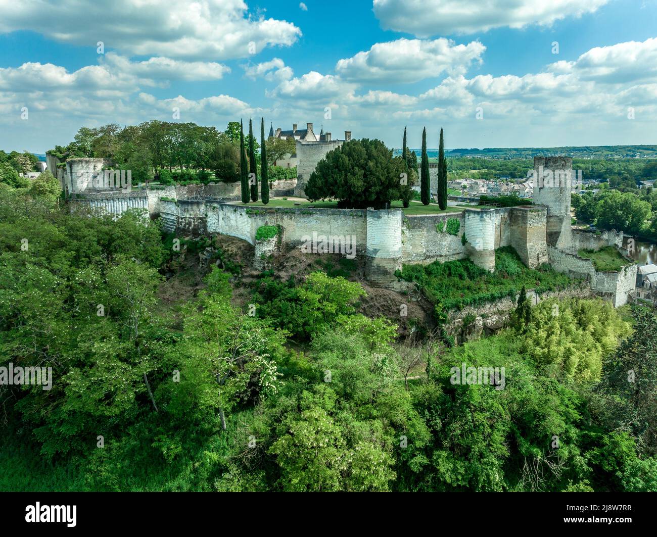 Aerial view of the royal lodgings in the middle castle of Chinon with ...