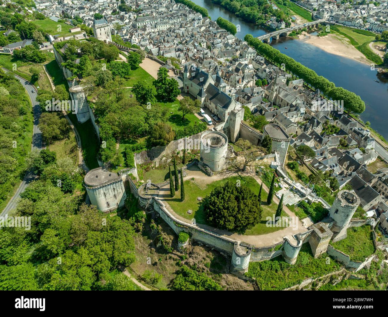 Aerial view of the royal lodgings in the middle castle of Chinon with ...